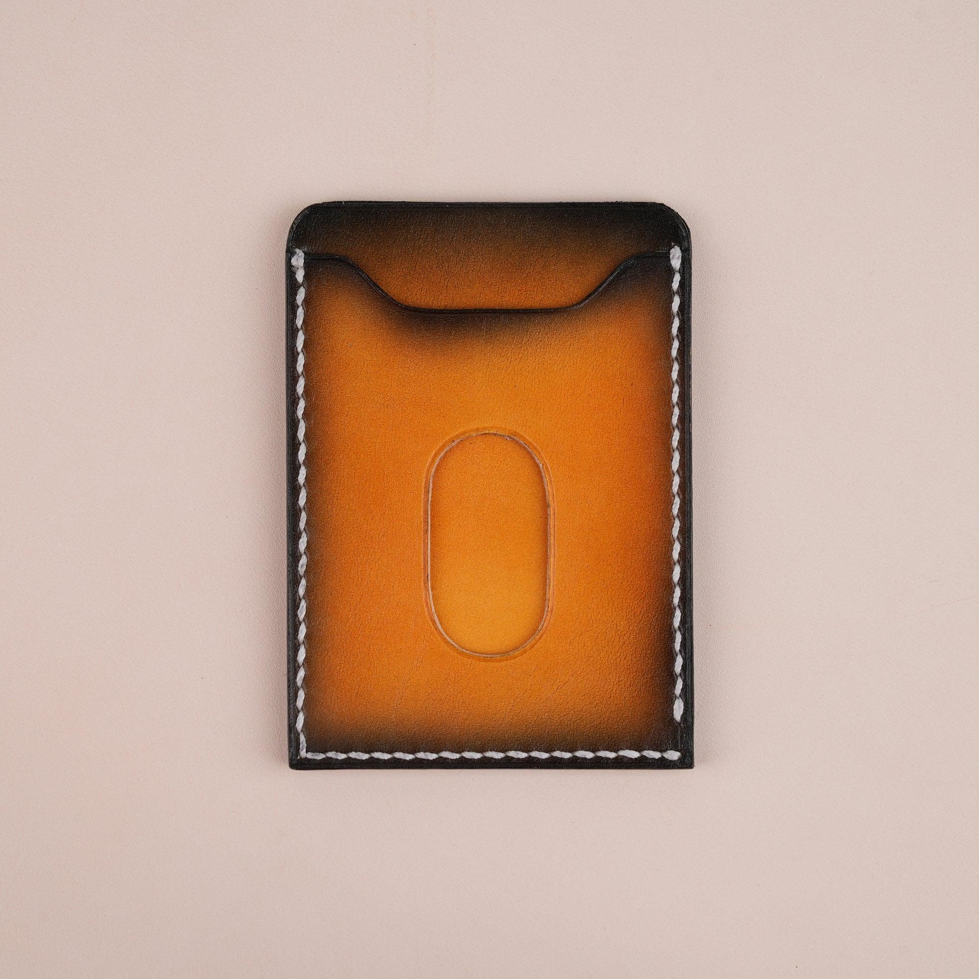 Minimalist Orange Leather Card Holder - Patina Finish