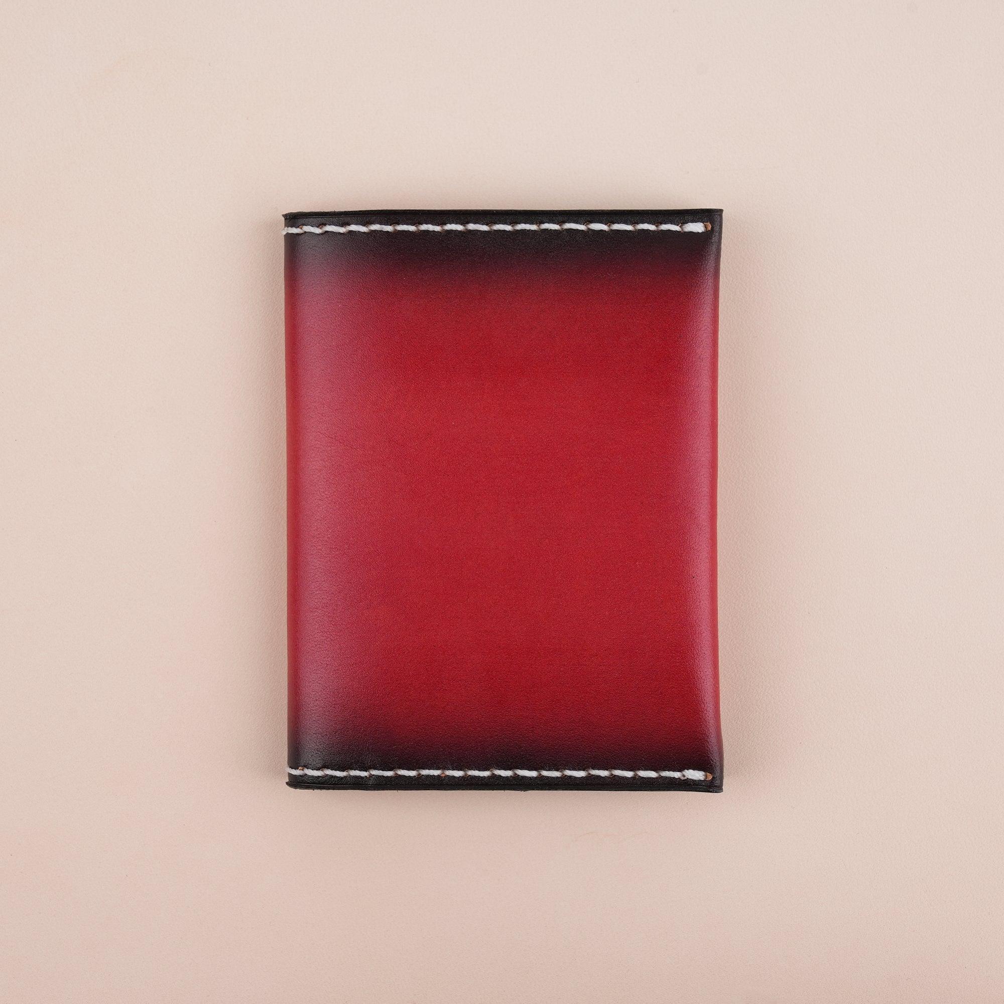Minimalist Red Leather Bifold Card Wallet - Patina Finish