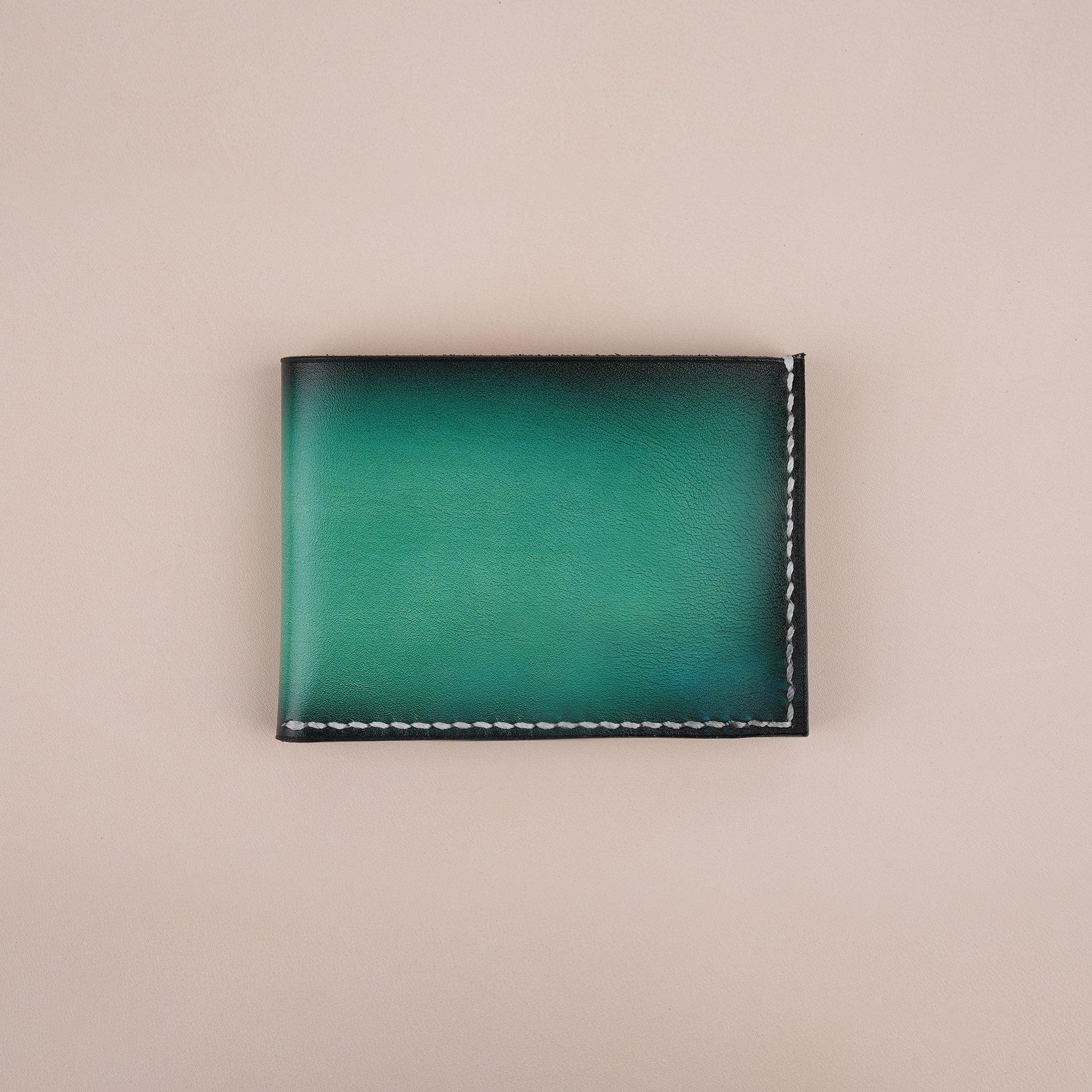 Green Leather Bifold Wallet Mens - Patina Finish