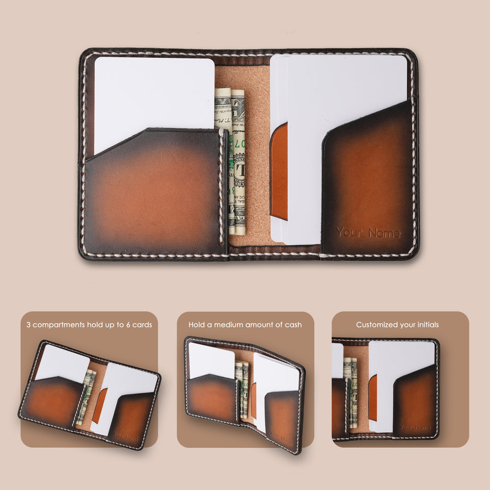 Minimalist Cognac Leather Bifold Card Wallet - Patina Finish