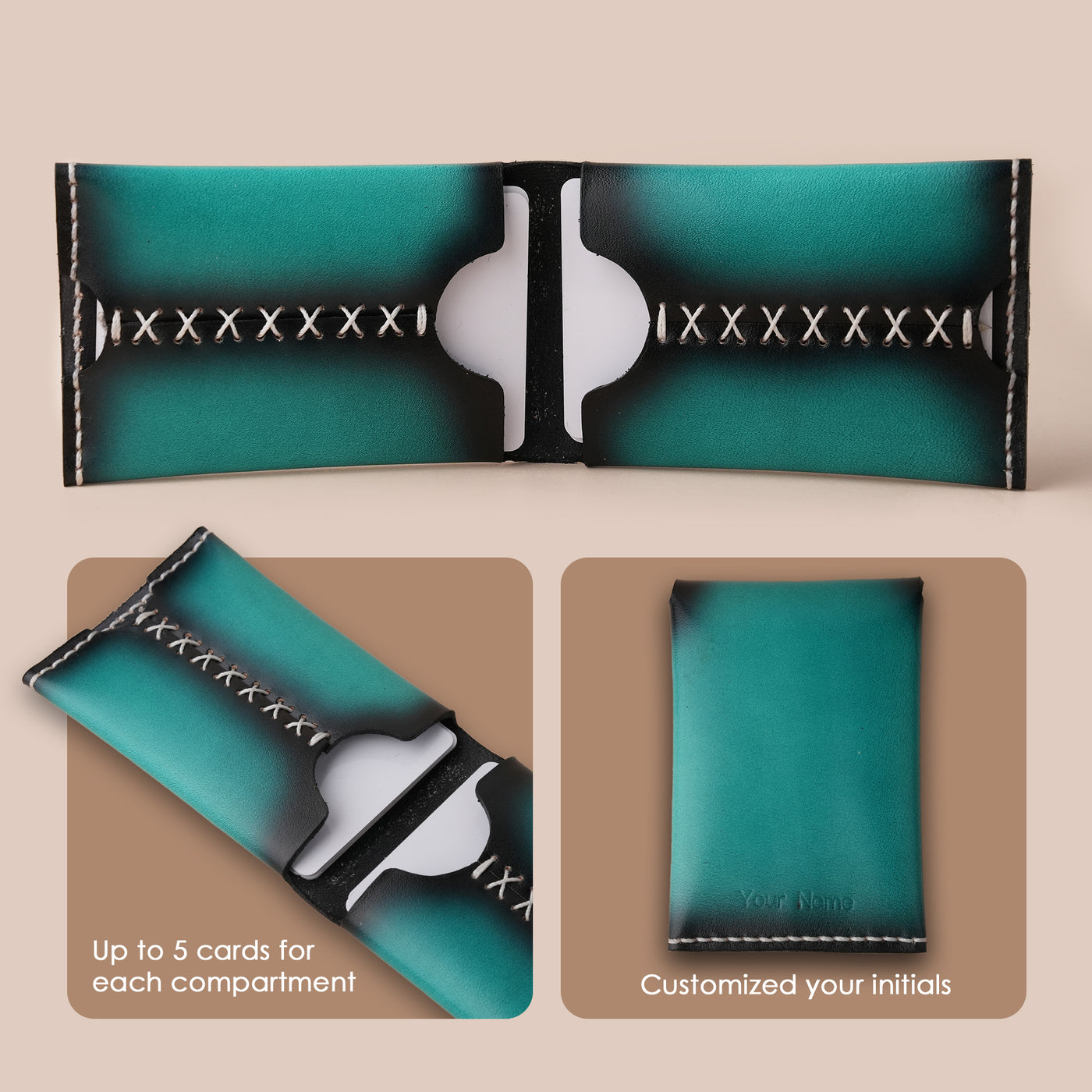 Minimalist Blue Leather Bifold Card Holder - Patina Finish