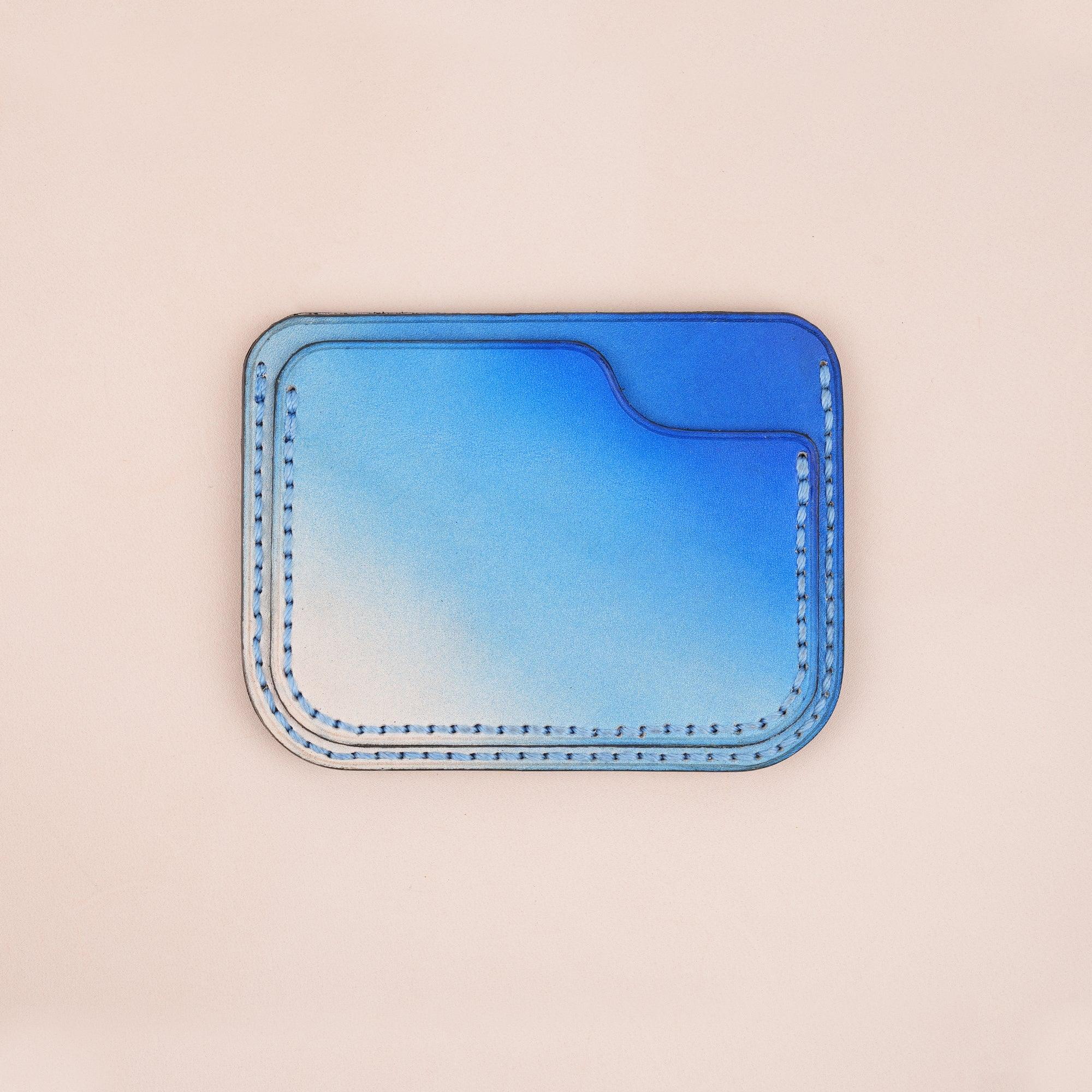 Minimalist Blue Leather Card Holder - Patina Finish