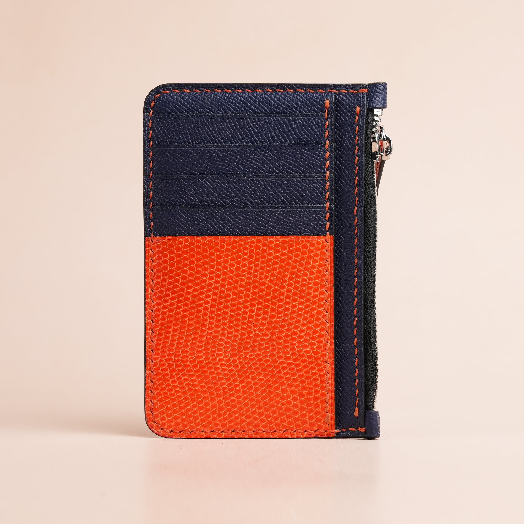 Navy Epsom Leather Mix Orange Lizard Leather Zipper Wallet - Extra