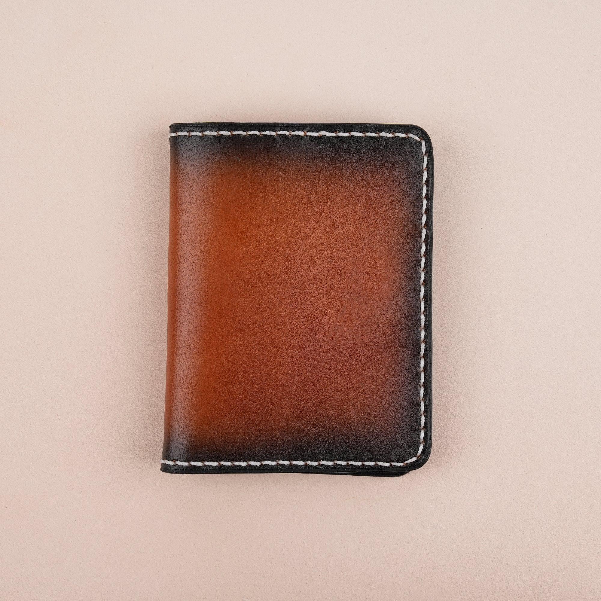 Minimalist Cognac Leather Bifold Card Wallet - Patina Finish