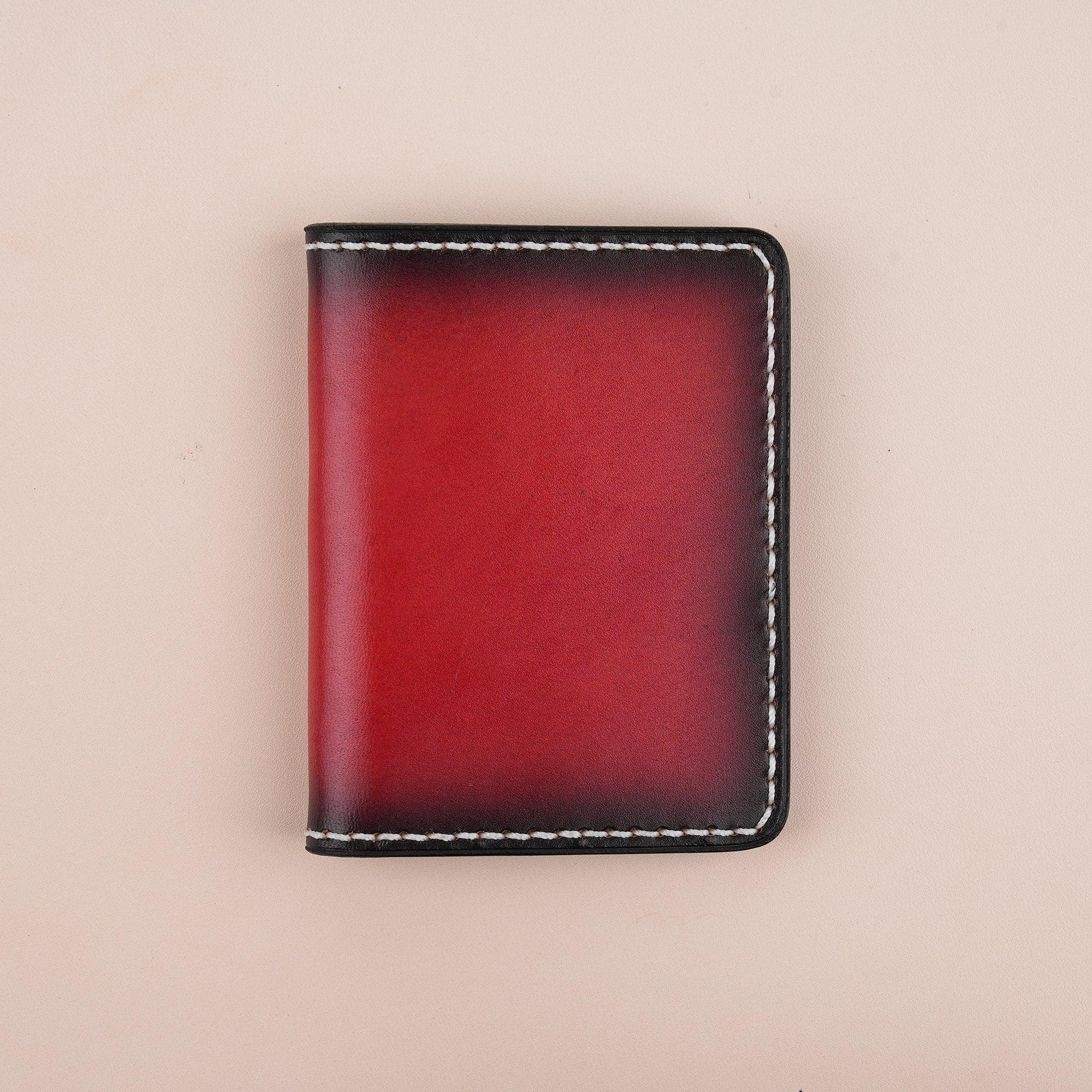 Minimalist Red Leather Bifold Card Wallet - Patina Finish