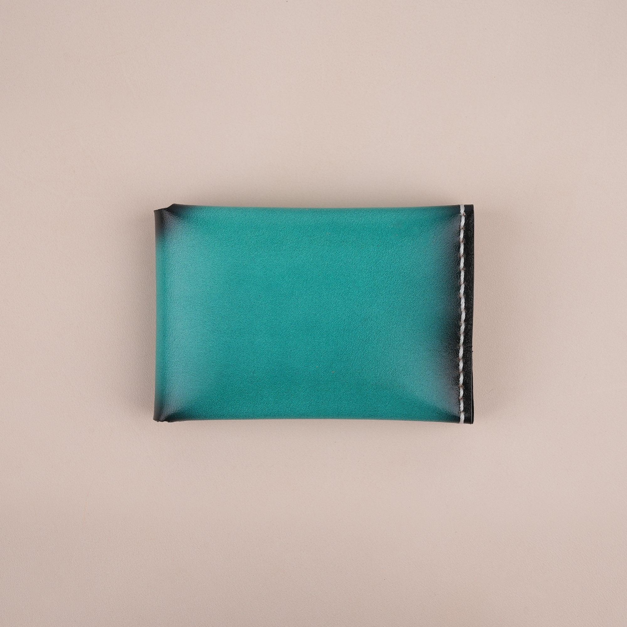 Minimalist Turquoise Leather Bifold Card Holder - Patina Finish